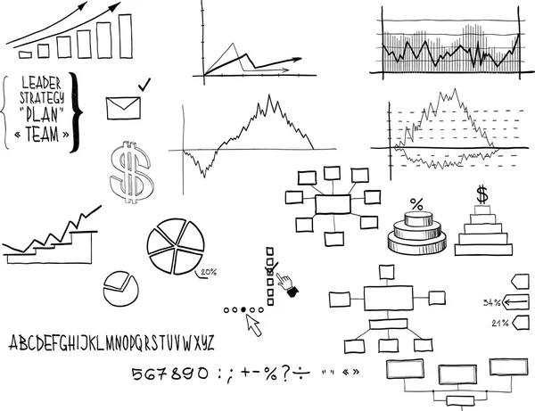 Charts, diagrams, graphs, arrows, monochrome hand drawn infographic ...