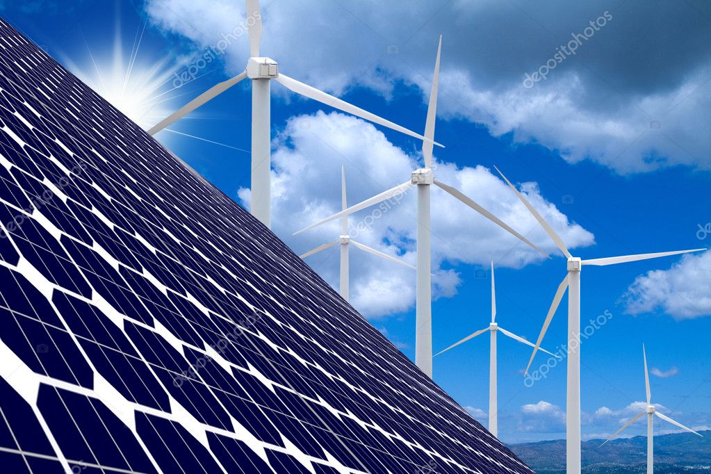 Parque eólico, paneles solares y sol: fotografía de stock © Ben6 ...