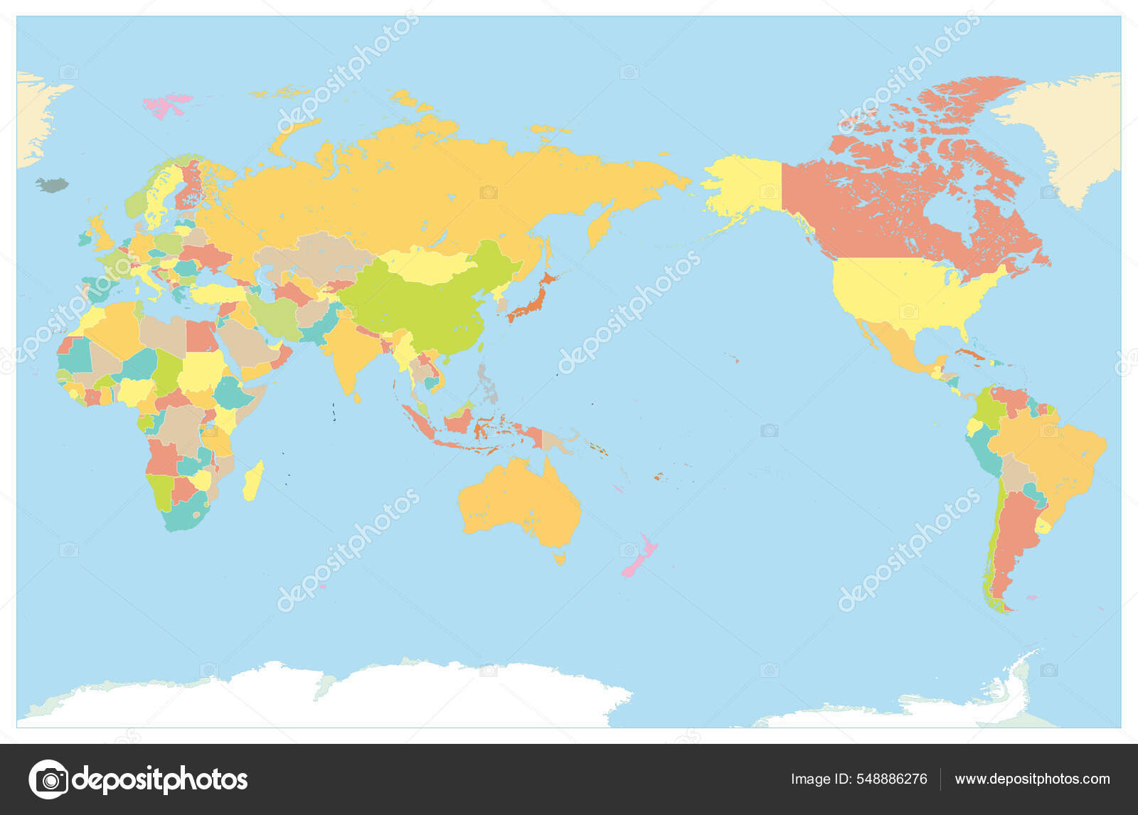 Colored World Map Pacific Centred Text Borders State Outline Detailed ...