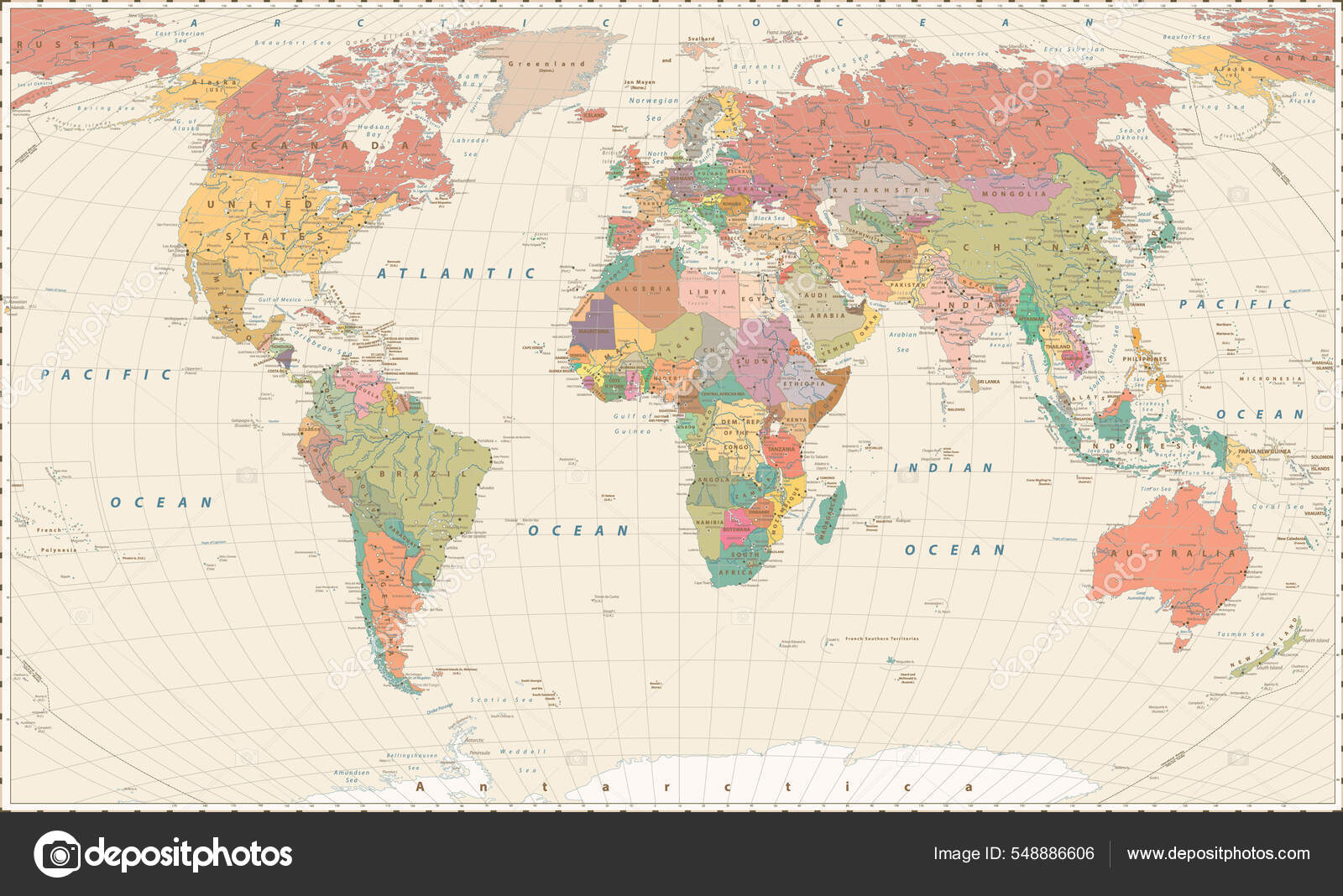 Vintage Verdenskort Stor Detaljeret Verdenskort Vektor Illustration ...