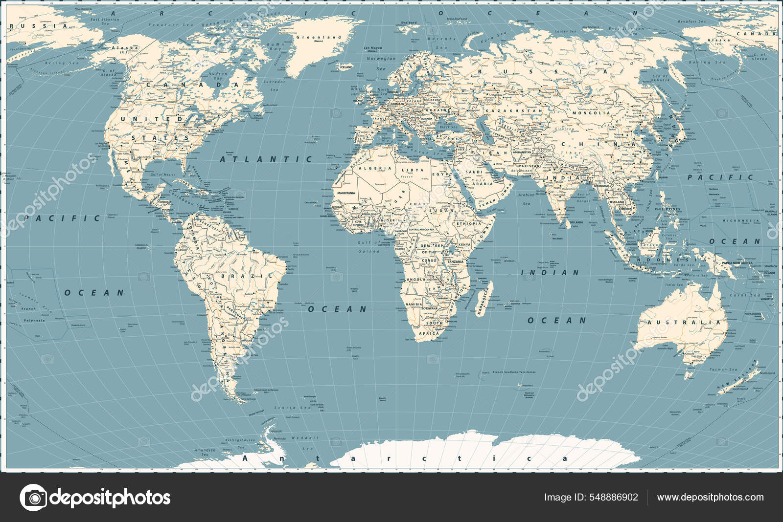 Retro World Map Main State Roads Large Detailed World Map Stock Vector ...