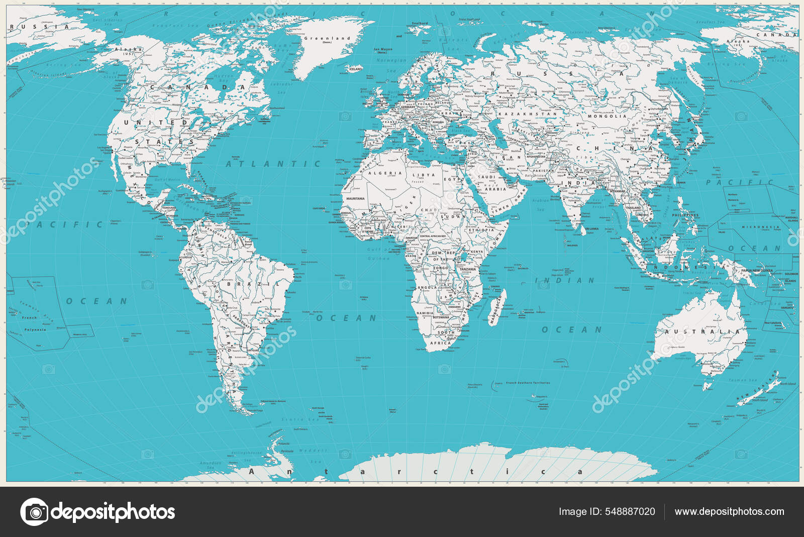 Peta Dunia Warna Lama Perbatasan Negara Dan Kota Ilustrasi Vektor ...