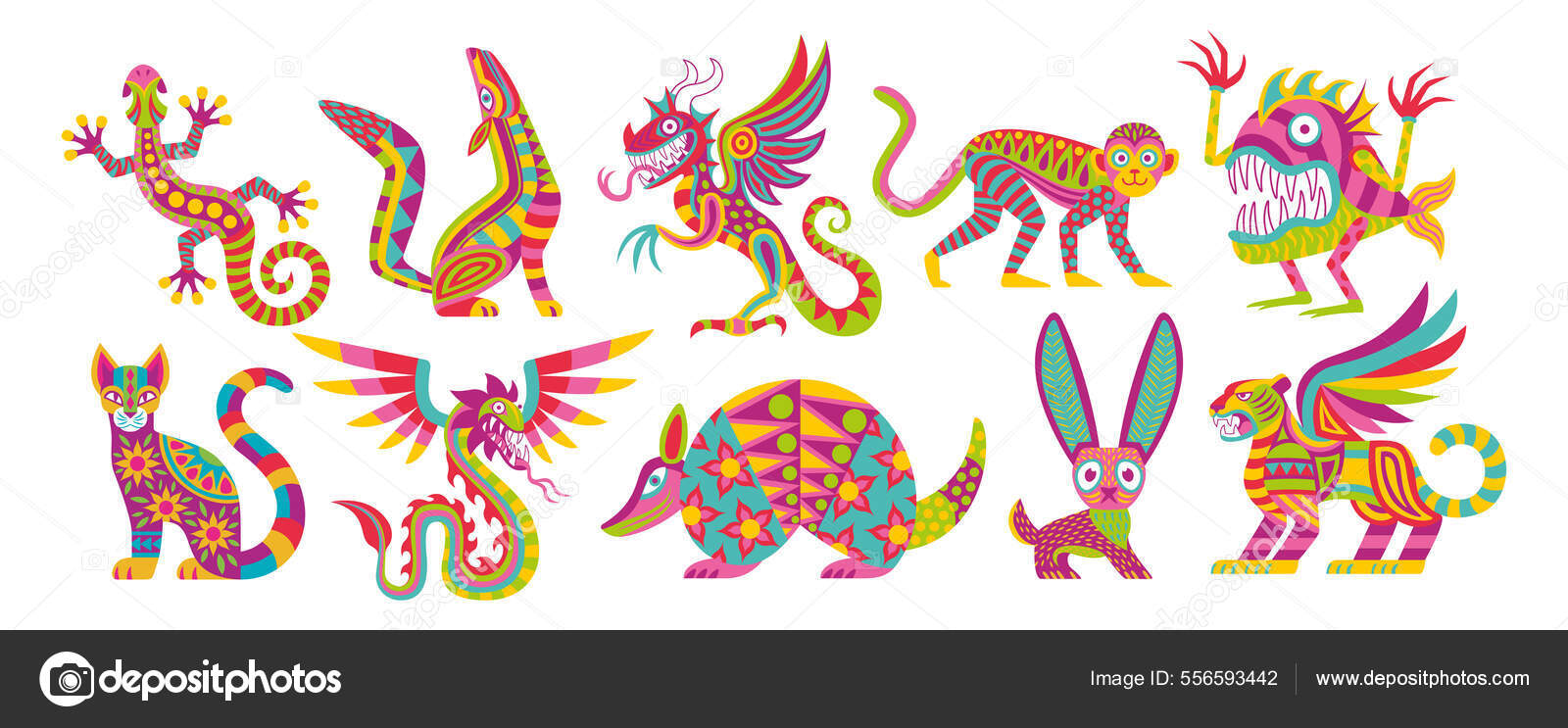 Set of different colored alebrijes mexican traditional cartoon Vector ...