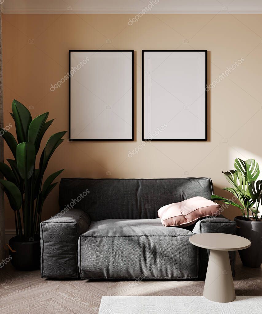 Dos marcos de p ster maqueta en sala de estar naranja con sof gris, mesa de centro y planta, 3d ...