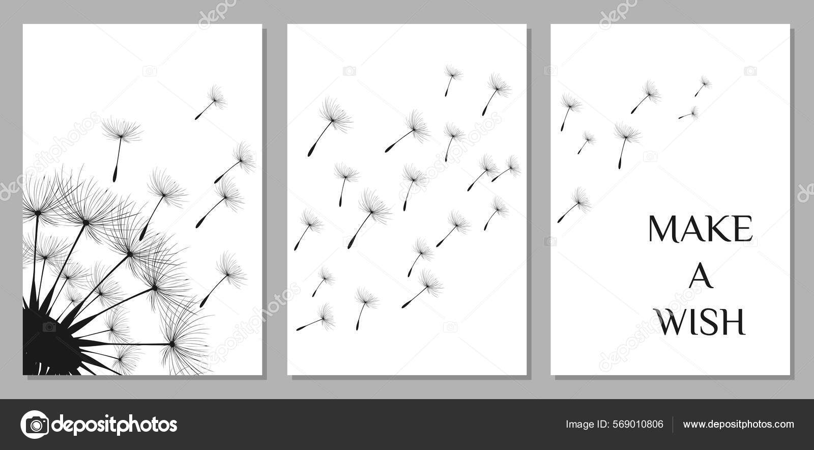 Vector illustration dandelion time. Black Dandelion seeds blowing in ...