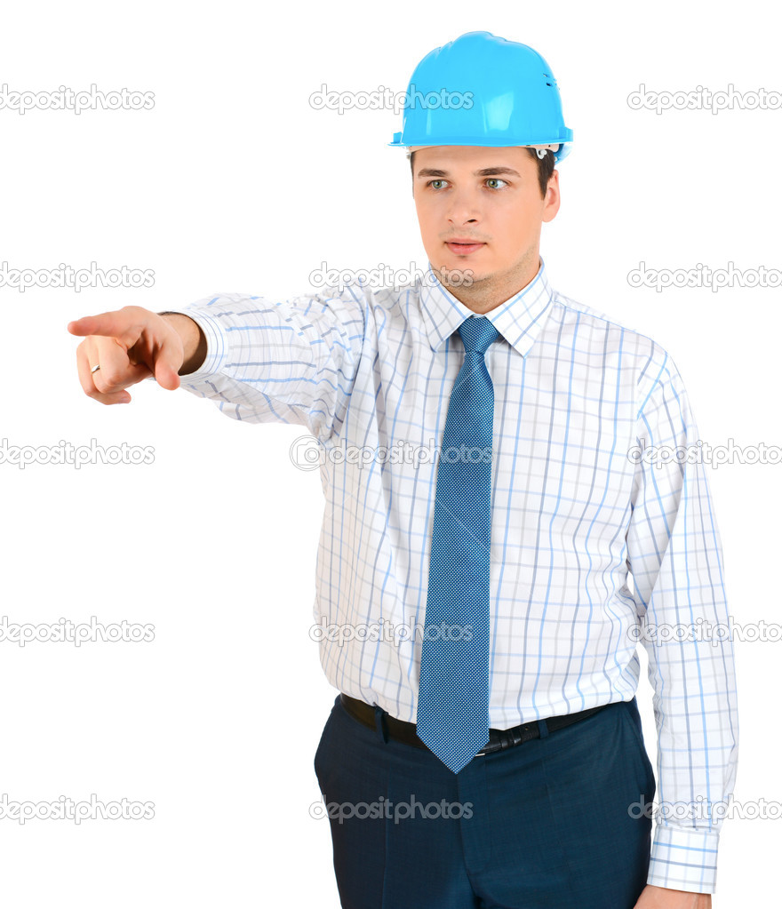 Businessman with blue hard hat pointing the finger — Stock Photo ...