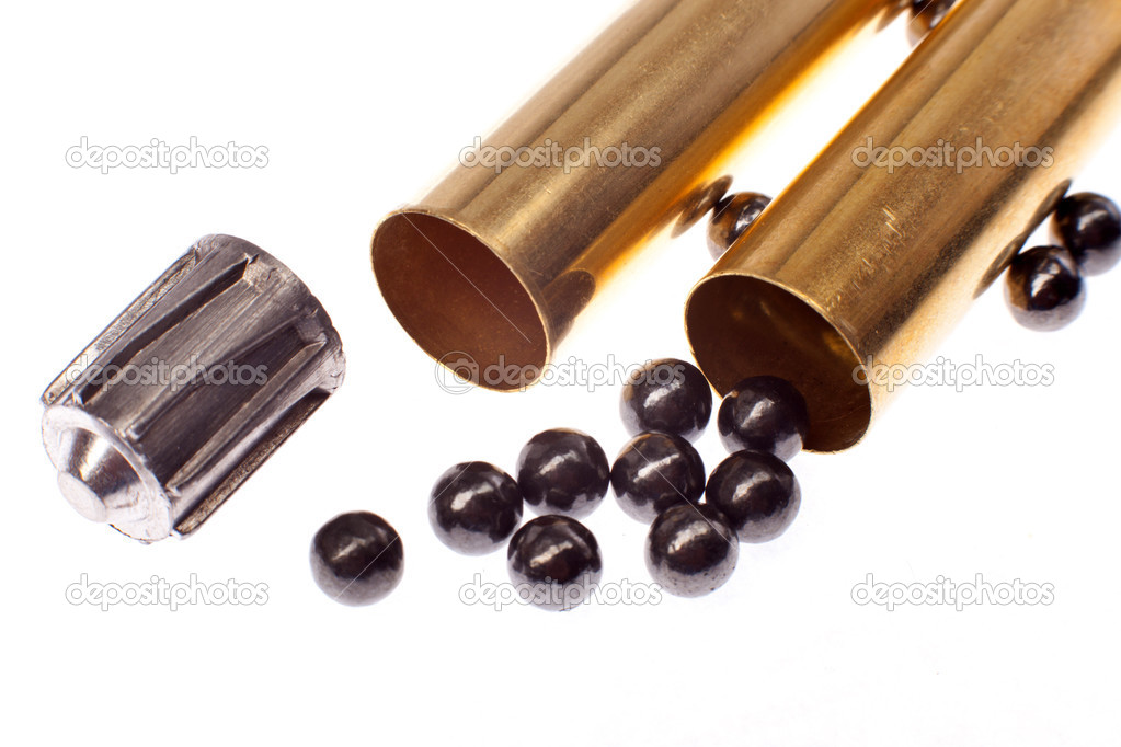 Bullet, buckshot and brass shell casings on a white background — Stock ...