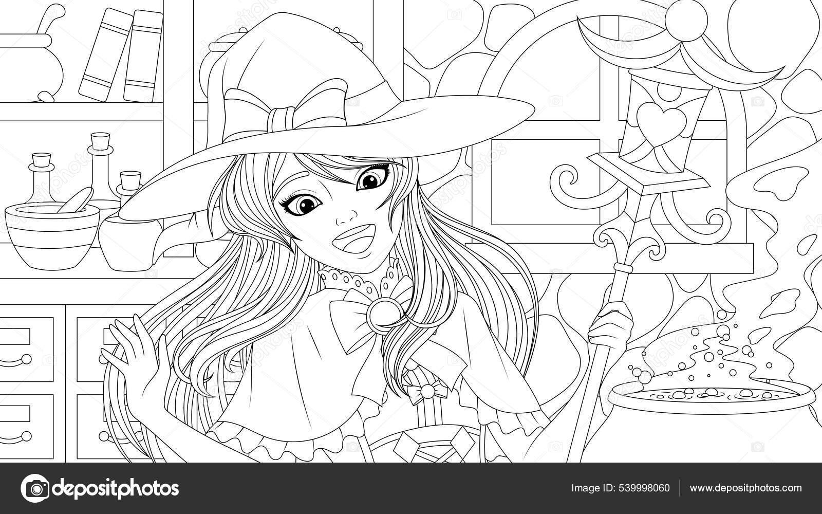 Vector illustration, beautiful cute young girl witch, conjures and has ...