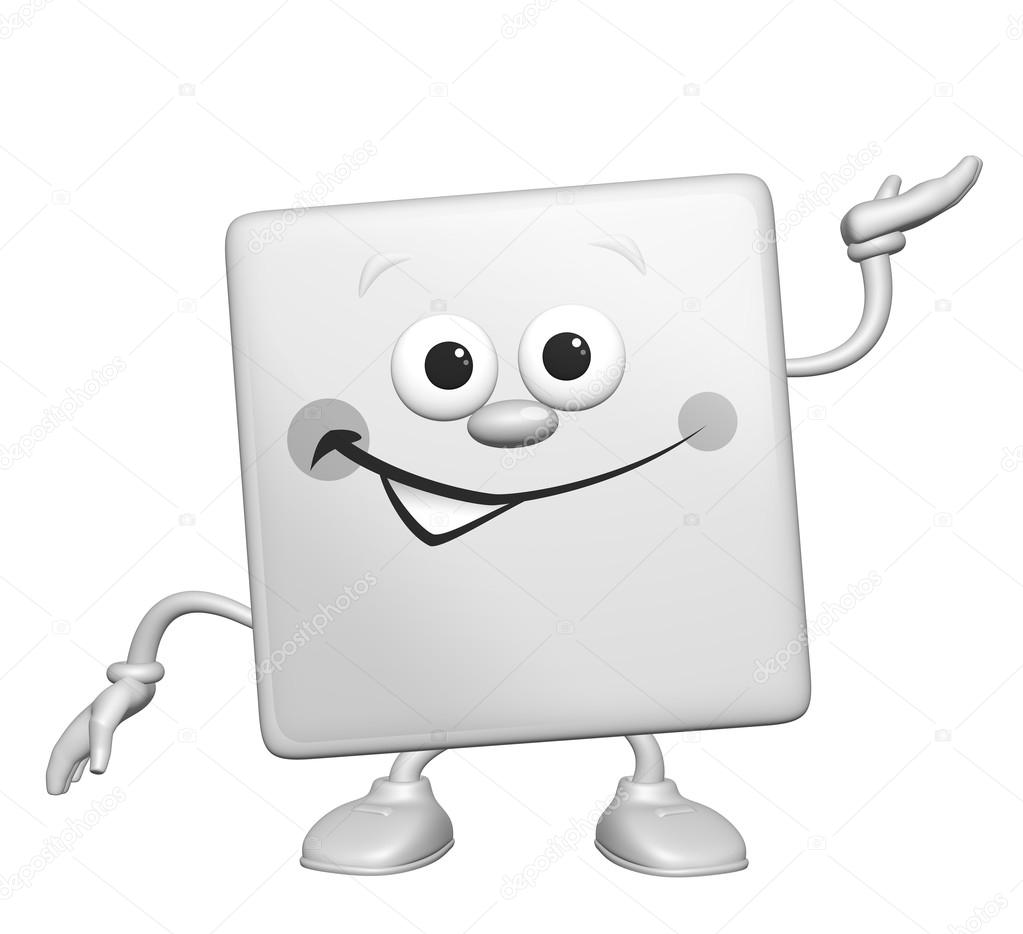 Happy cartoon 3D square smiling character presenting — Stock Photo ...
