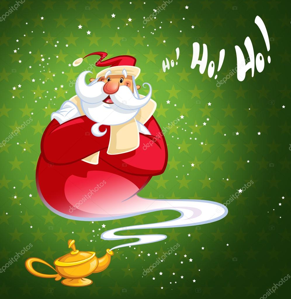 Happy laughing cartoon genie Santa Claus coming out of a magic o Stock ...