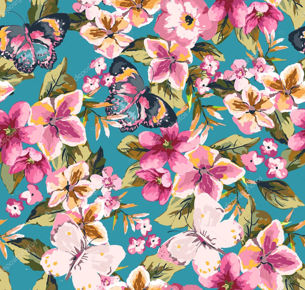 Butterfly with floral seamless pattern on blue background Stock Vector ...