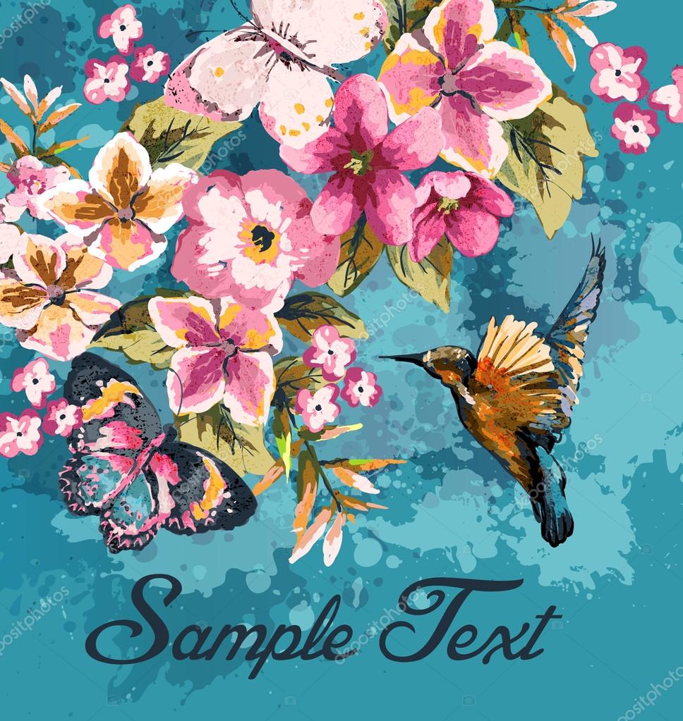 Greeting card with bird and floral on blue grunge background Stock ...