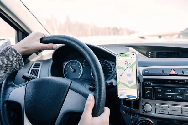 Gps car map system. Global positioning system on smartphone screen in ...