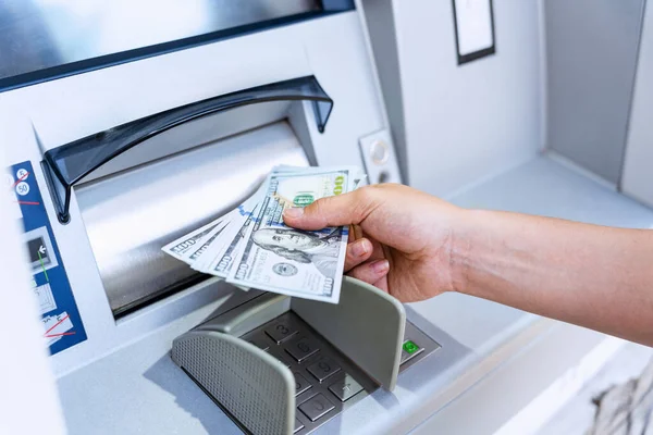 Atm Cash Machine Money Woman Withdraw Money Dollar Bill Holding — Foto ...