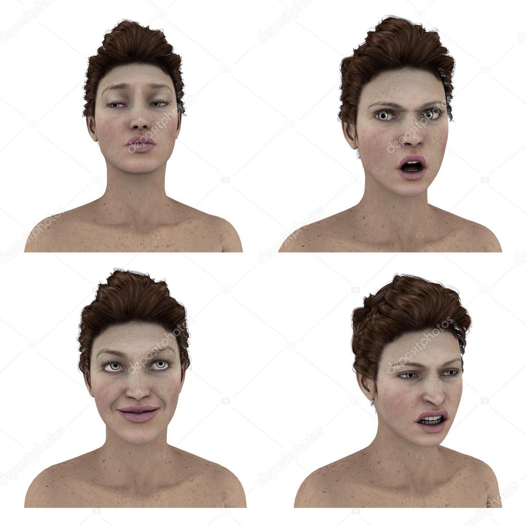 3d womans facial expressions on white background — Stock Photo ...