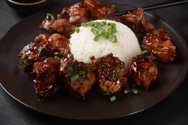 Cerdo casero filipino Adobo con arroz blanco. Primer plano de estilo filipino adobo. 2023