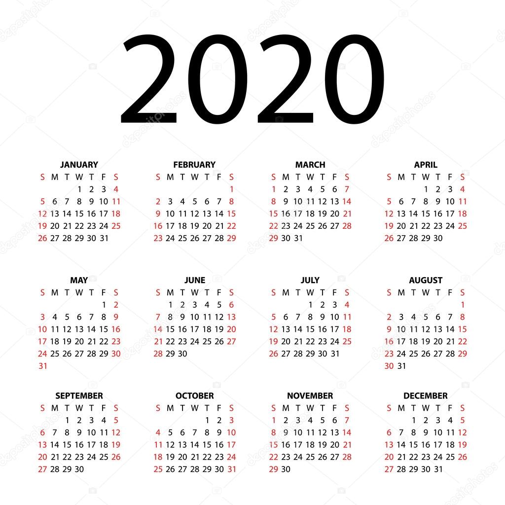 Calendario para 2020 sobre fondo blanco . Stock Vector by ...