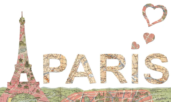 Paris word with Eiffel Tower and Concord cutted from an old city map ...