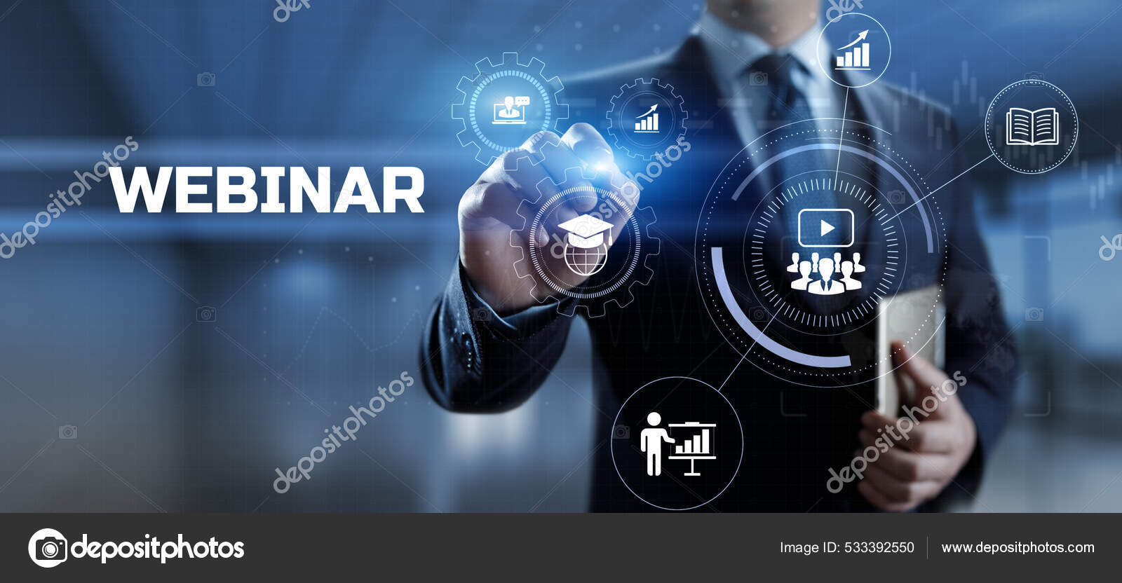 Webinar online learning education concept. Businessman pressing button ...