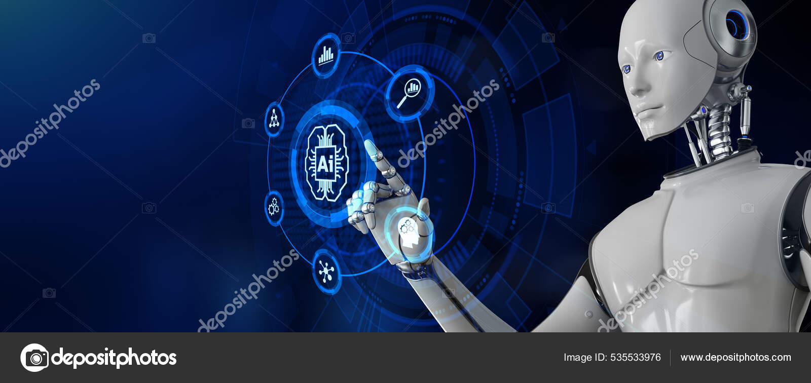 Ai Artificial intelligence concept neural network. Robot pressing button on screen 3d render ...