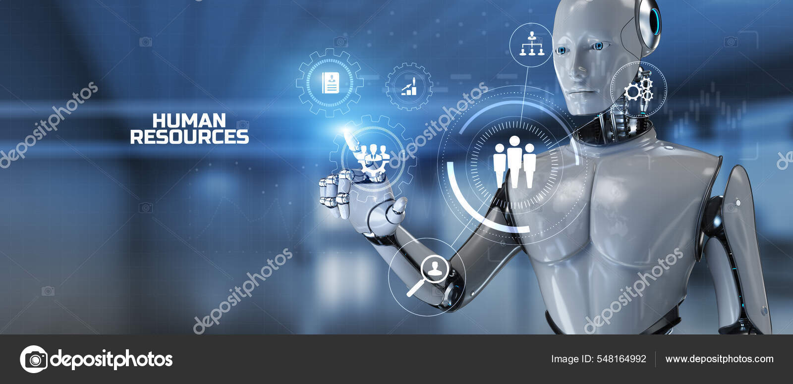 HR Human resources automation RPA. Robot pressing button on screen 3d ...