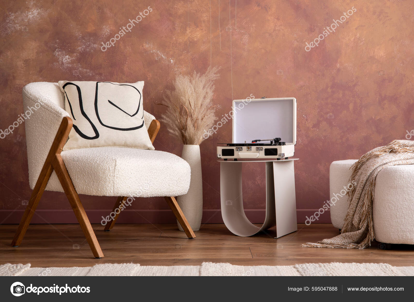 Stylish Composition Living Room Interior White Armchair Pouf Gramophone ...