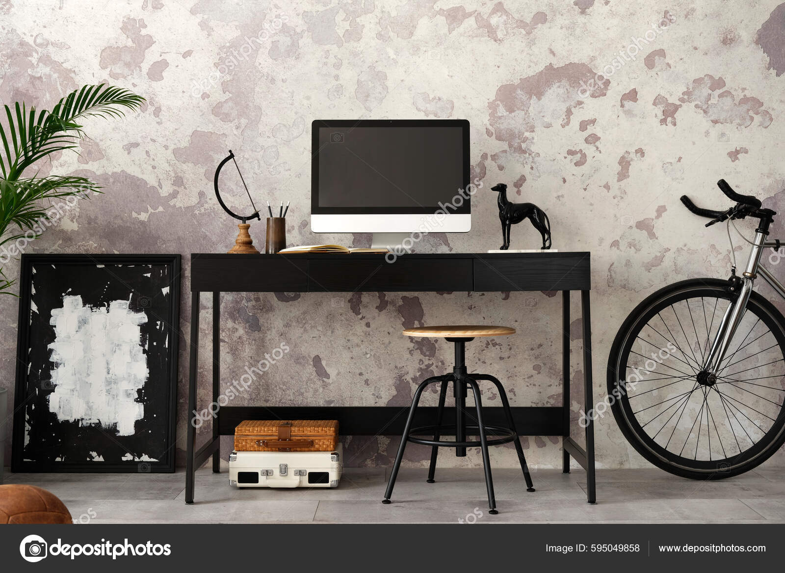 Concrete Interior Home Office Black Desk Computer Screen Office ...