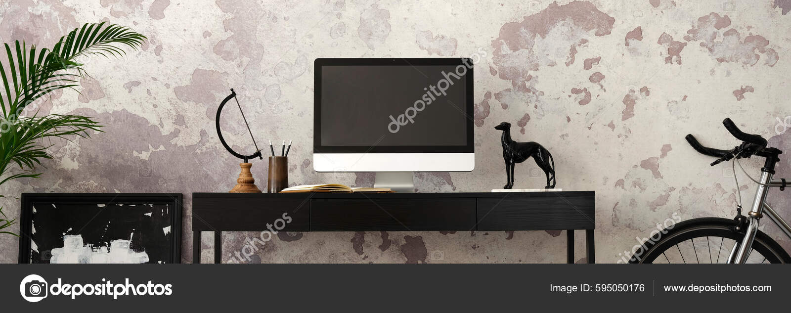 Concrete Interior Home Office Black Desk Computer Screen Office Accessories — Stock Photo ...