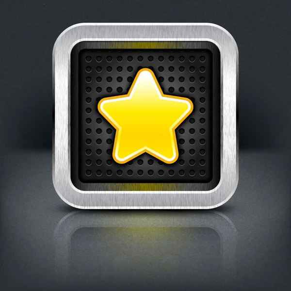 Yellow gold star icon chrome metal frame button dark perforation ...