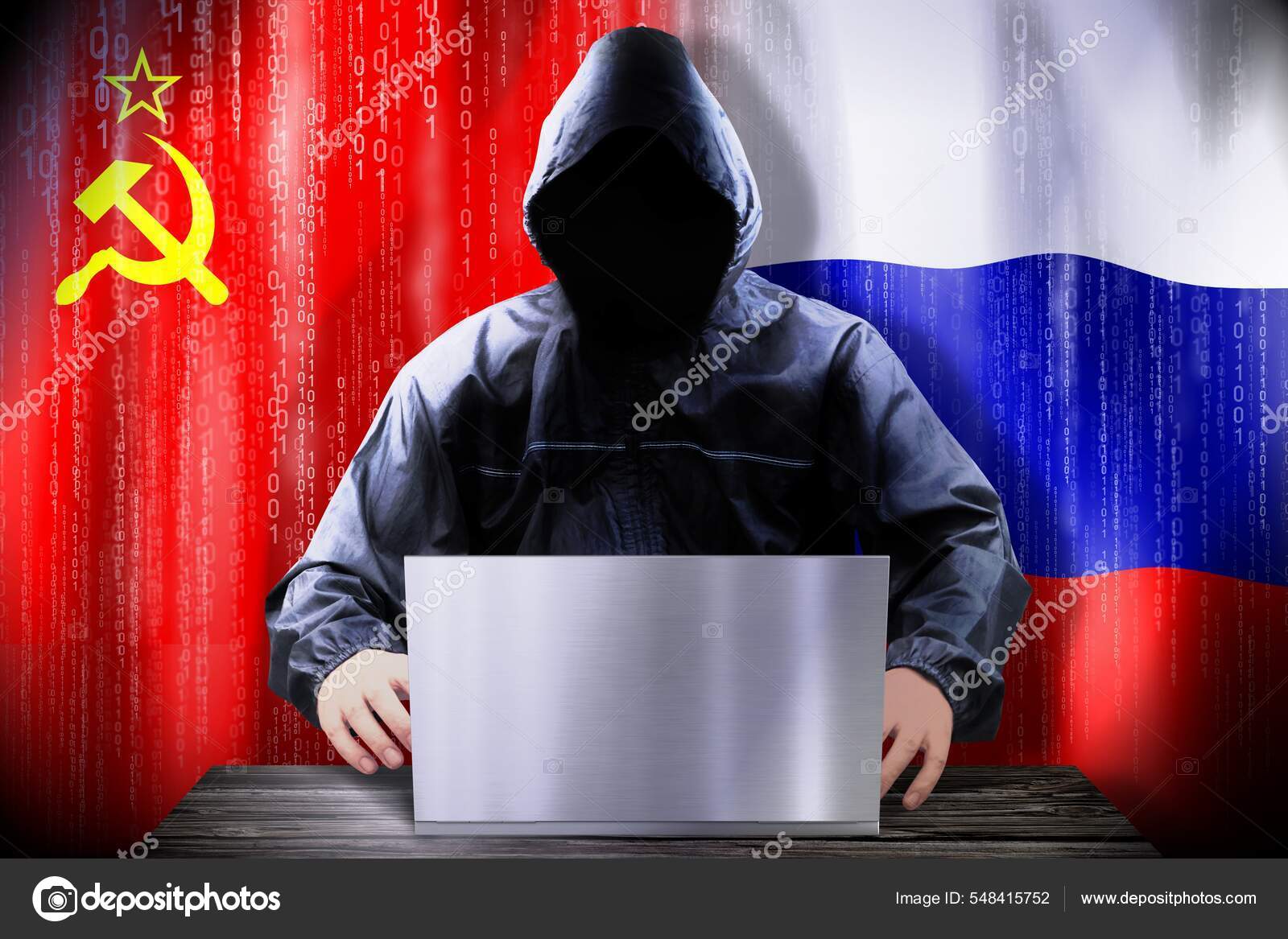 Anonymous Hacker Working Laptop Flags Cccp Russian Federation — Stock ...