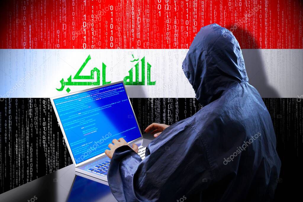 Anónimo hacker encapuchado, bandera de Irak, código binario - concepto de ataque cibernético 2024