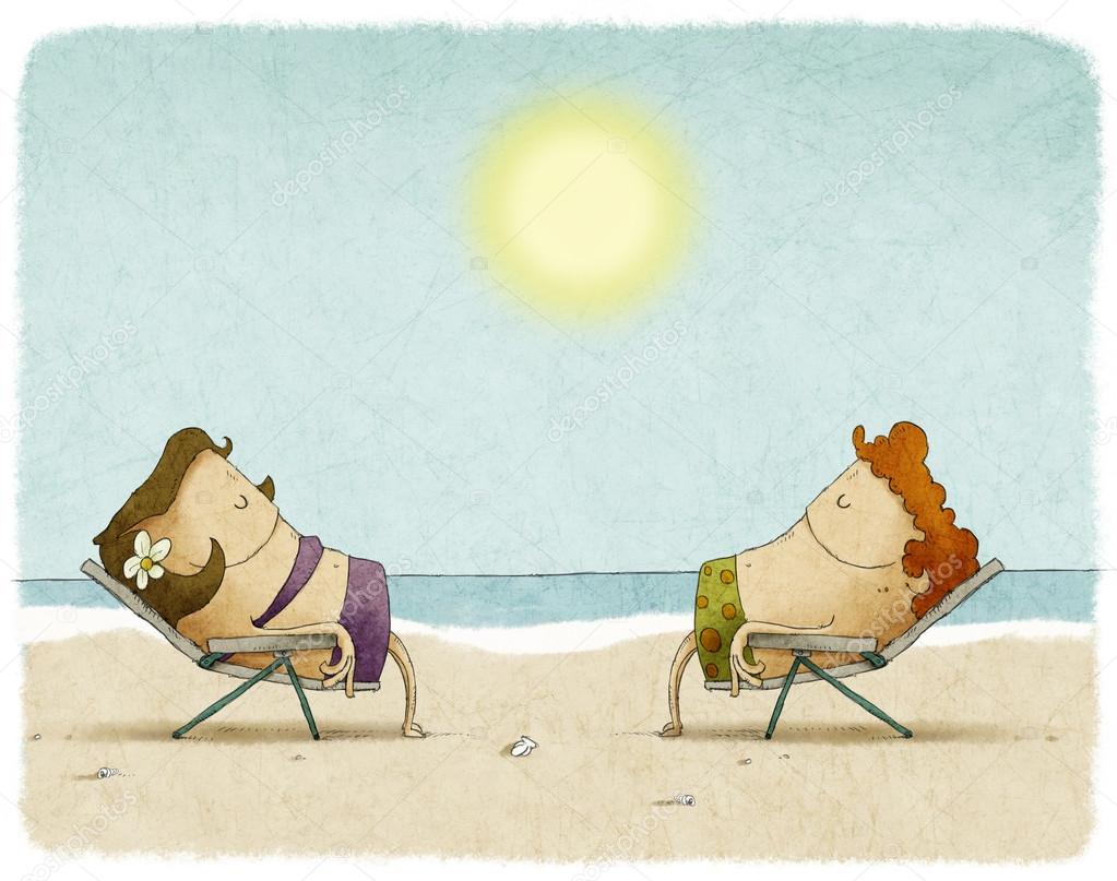 Couple sunbathing on deck chairs — Stock Photo © JrCasas #48739317