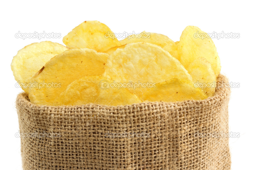 Extreme close up of potato crisps in a jute bag — Stock Photo ...