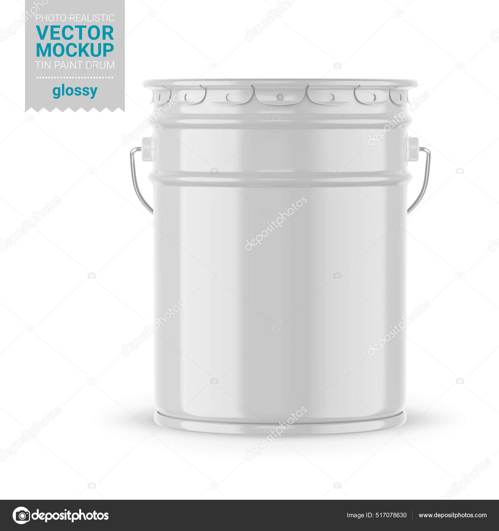 White glossy metal paint bucket mockup. Vector illustration. Stock ...