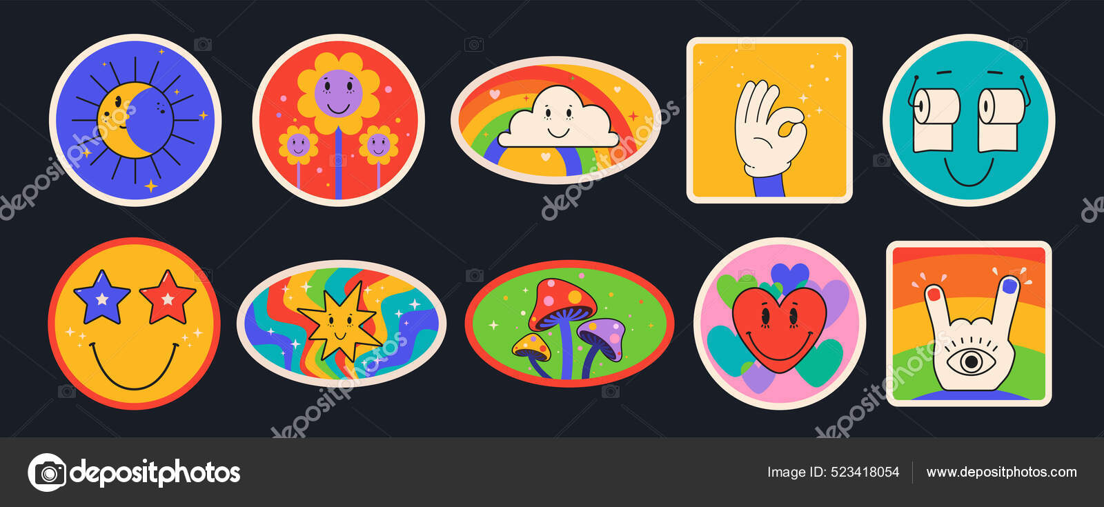 Funny Comic Sticker Characters Set Cartoon Stickers Hand Smile Colorful ...