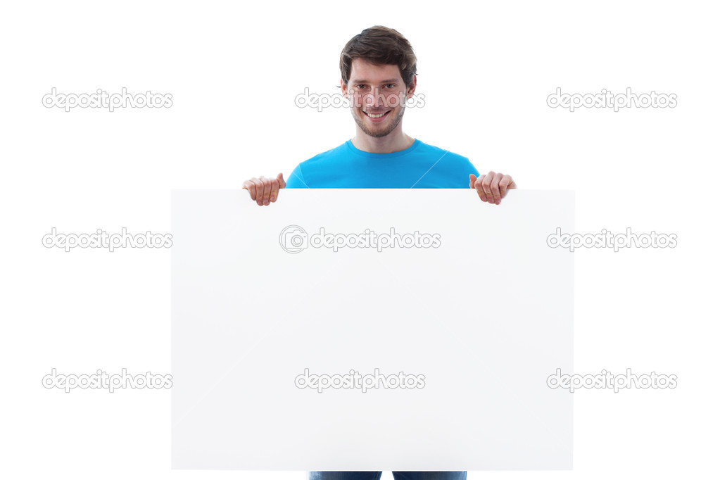 Smiling man keeping board — Stock Photo © photographee.eu #42694871