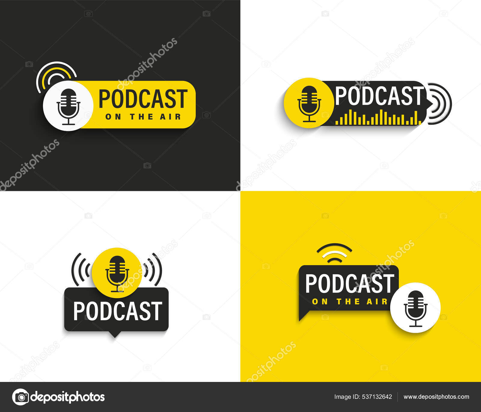Set Podcast Simbol Ikon Logo Dalam Hitam Dan Kuning Dengan Vektor Stok ...