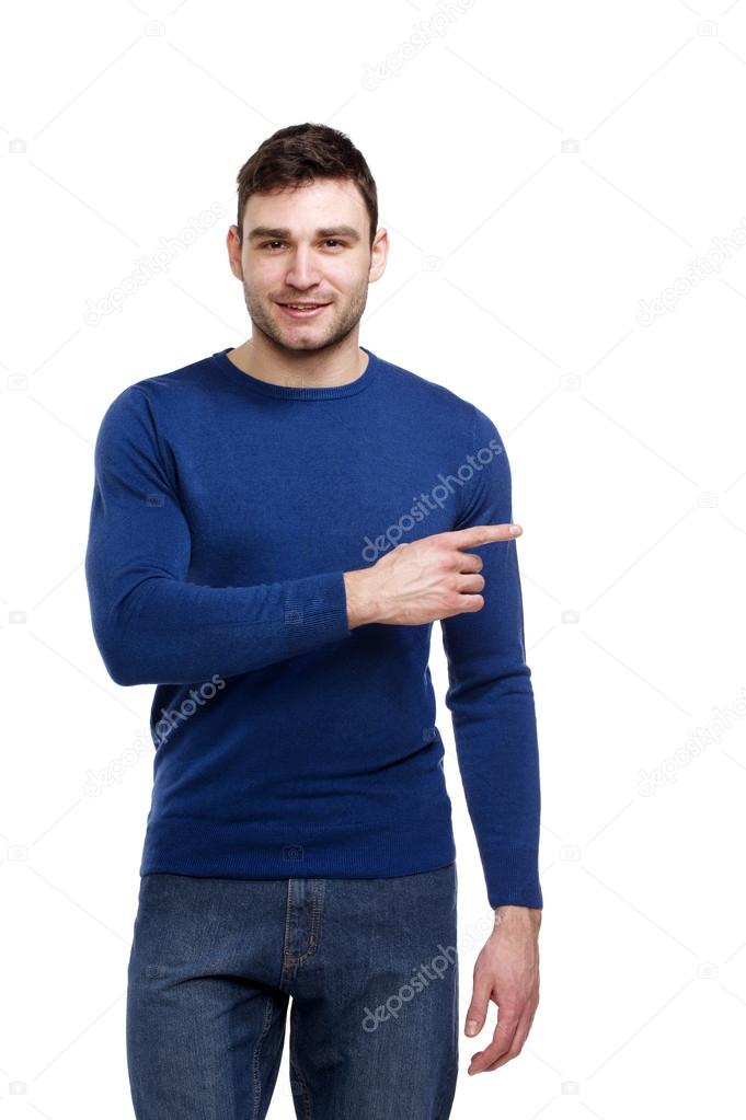 Handsome man pointing to the right isolated on white — Stock Photo ...