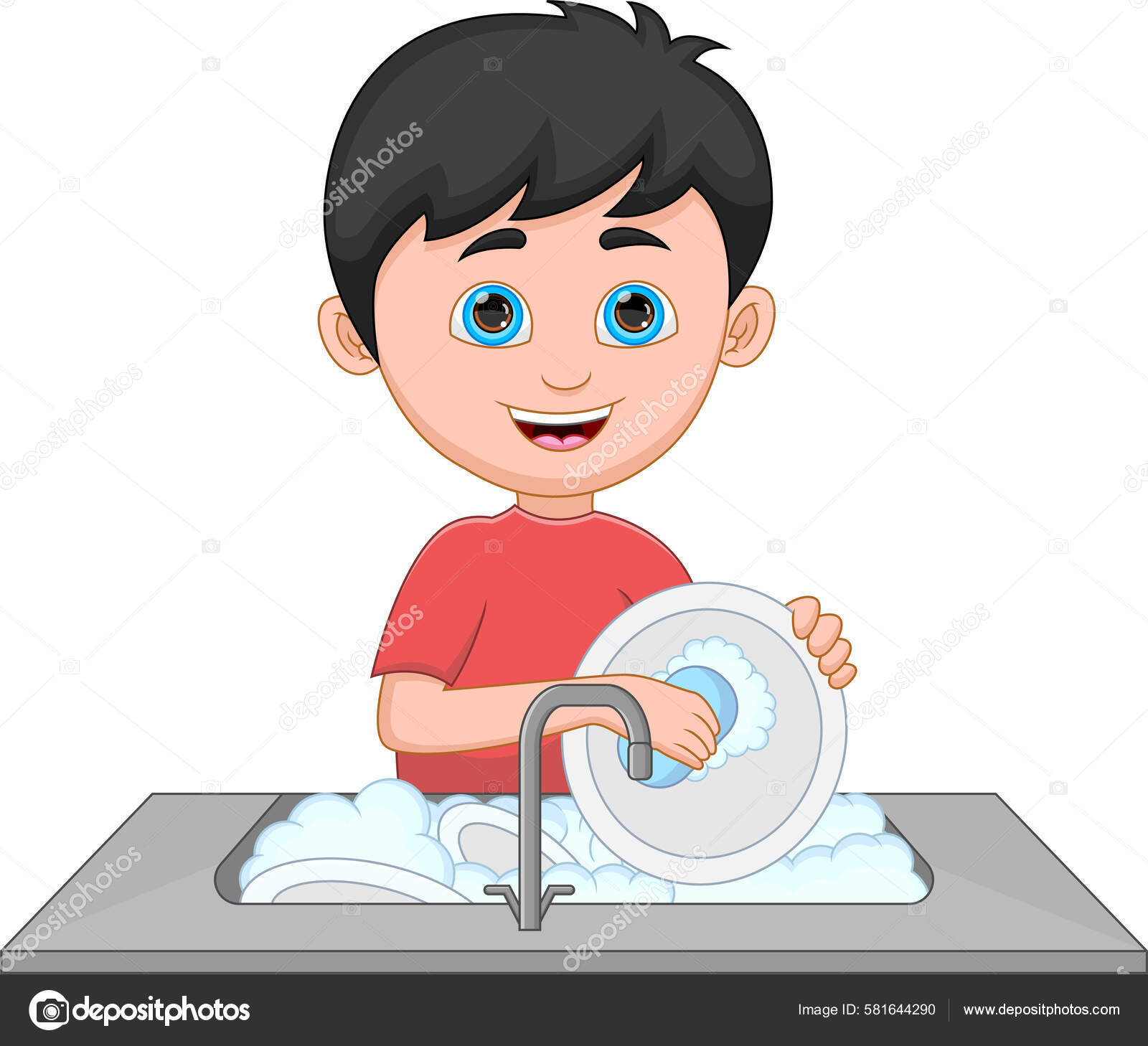 Little Boy Washing Dishes White Background Stock Vector Image by ...