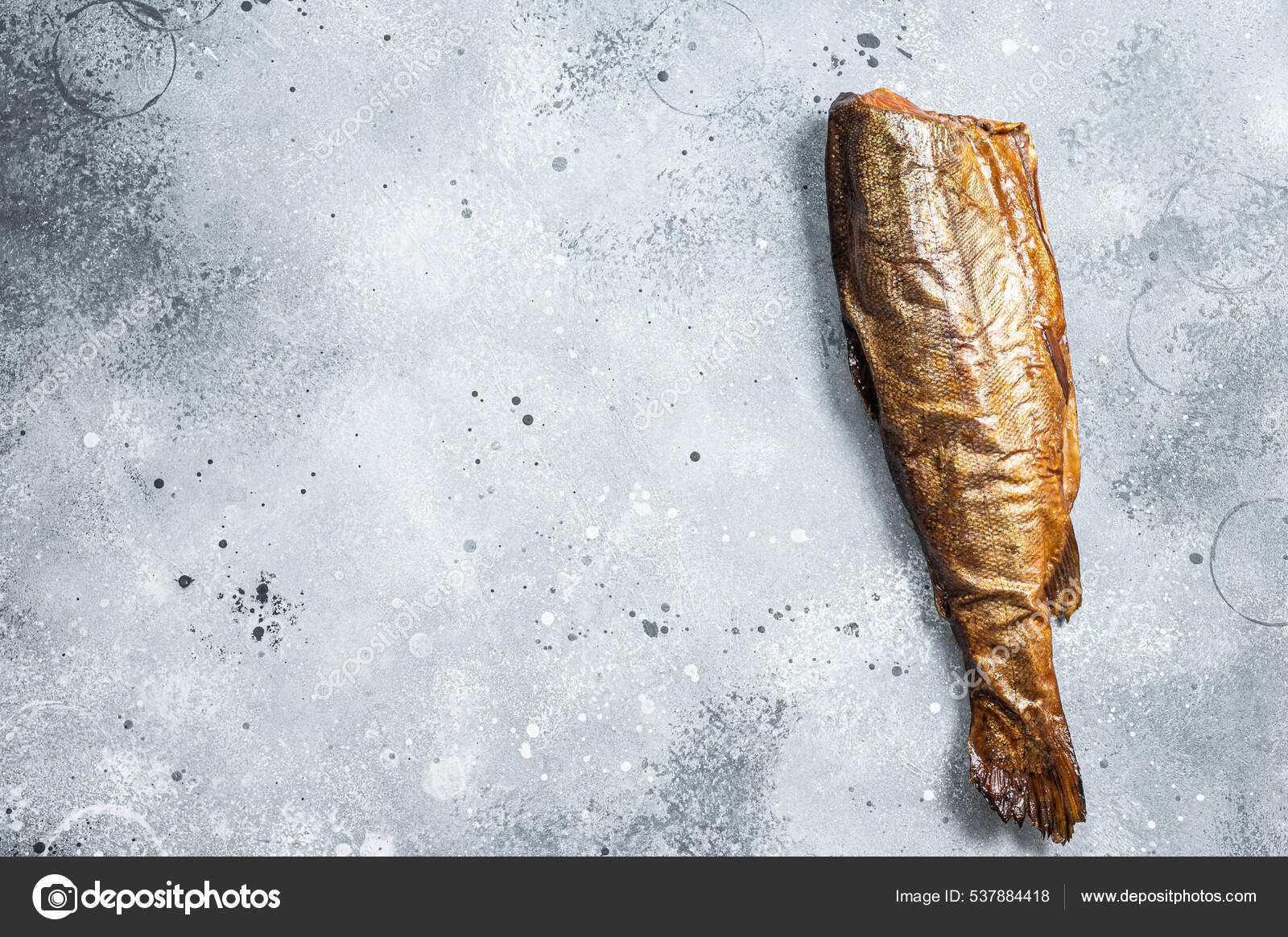 Truta fumada quente do rio arco-íris sem cabeça. Fundo cinzento. Vista ...