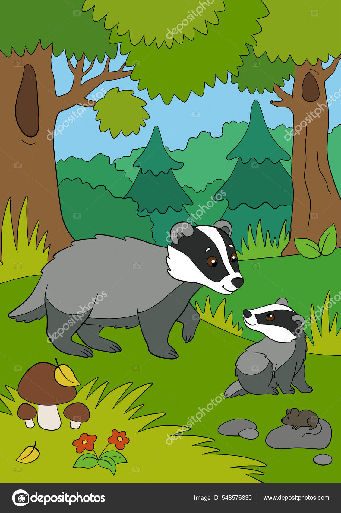 Animales Salvajes Dibujos Animados Madre Tejón Está Pie Con Pequeño ...