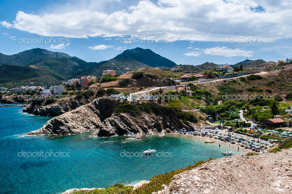 Bay and beach surrounded by cliffs on the island of Crete in Greece ...