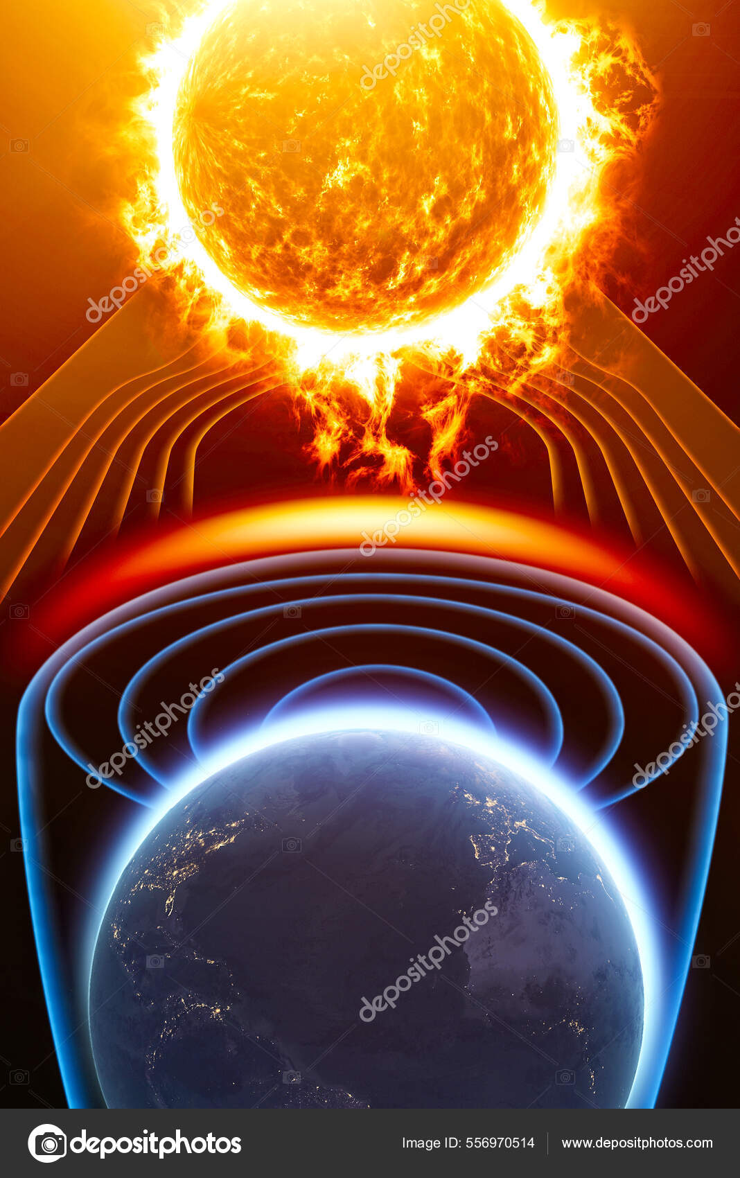 Sun Solar Storm Earth's Magnetic Field Earth Solar Wind Flow — Stock ...