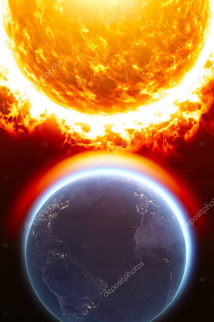 Sol y tormenta solar, campo magnético de la Tierra, tierra y viento ...