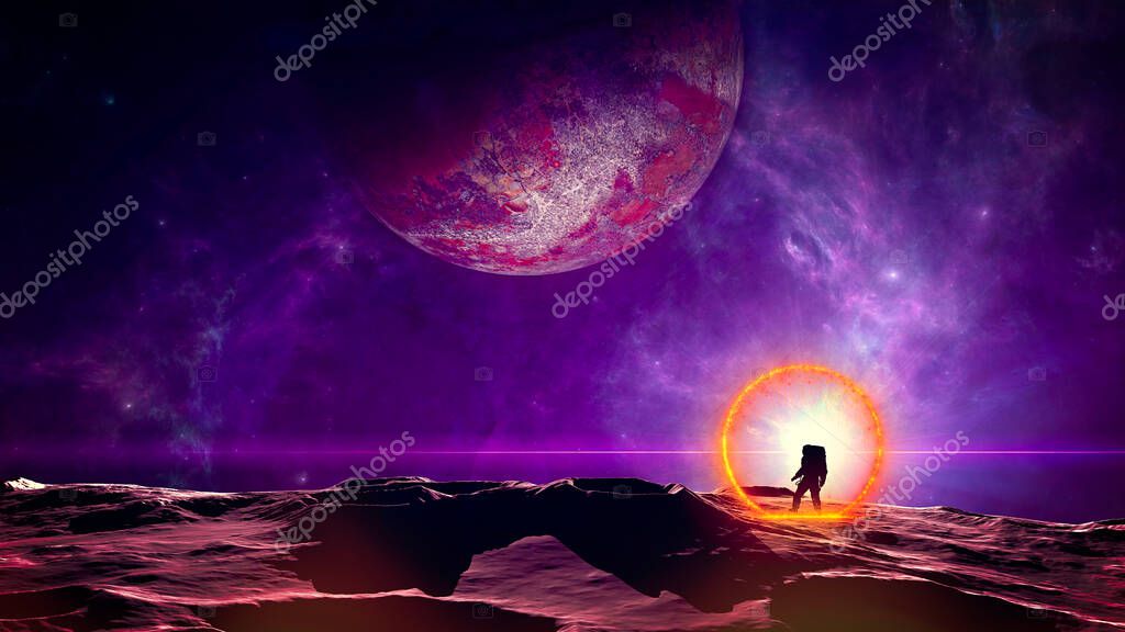 Travel in space time. Time traveler enters a portal that unites two ...