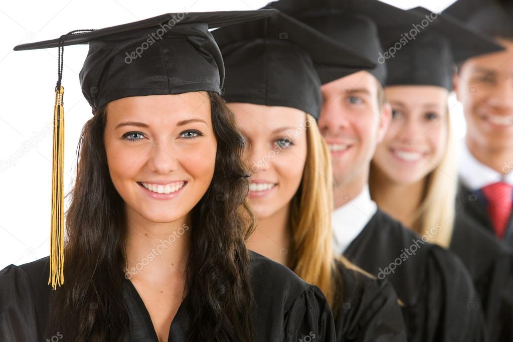 Graduation: Female Graduate Leads Line of Students — Stock Photo ...