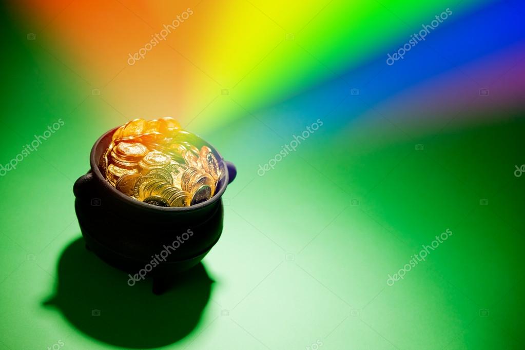 Pot of Gold: Magical Leprechaun Treasure with Rainbow Stock Photo by ...