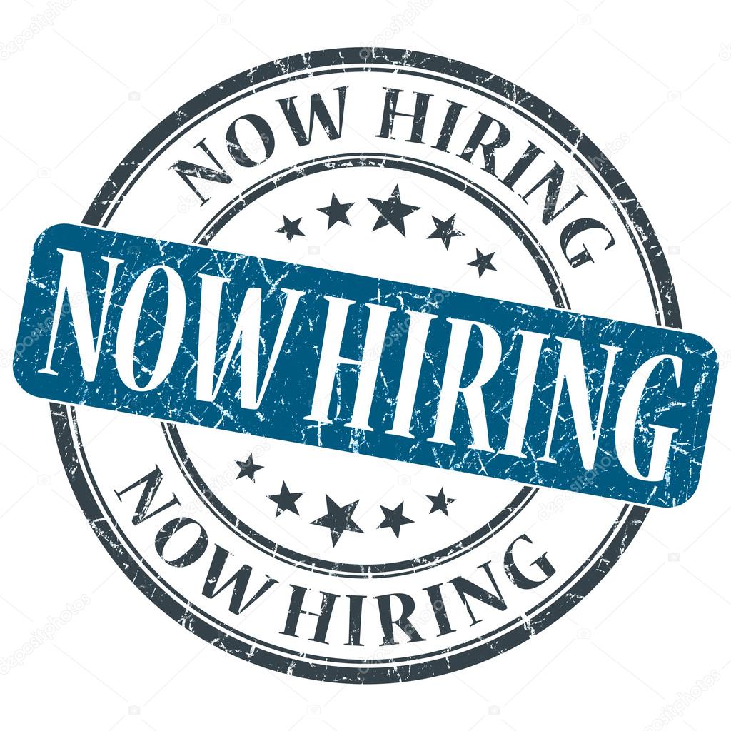 Now Hiring blue grunge round stamp on white background — Stock Photo ...