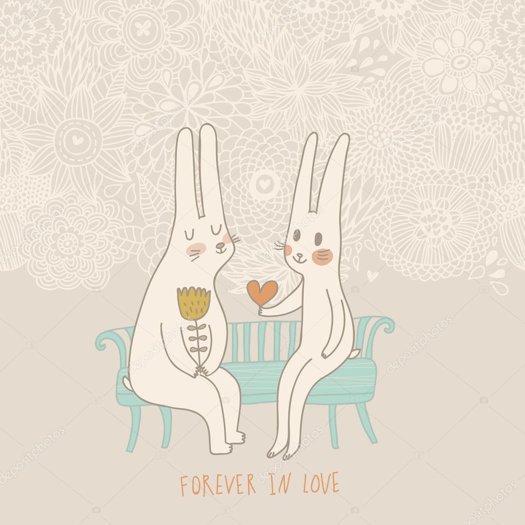 Cute wedding card with rabbits in love. Vector invitation. Valentines ...