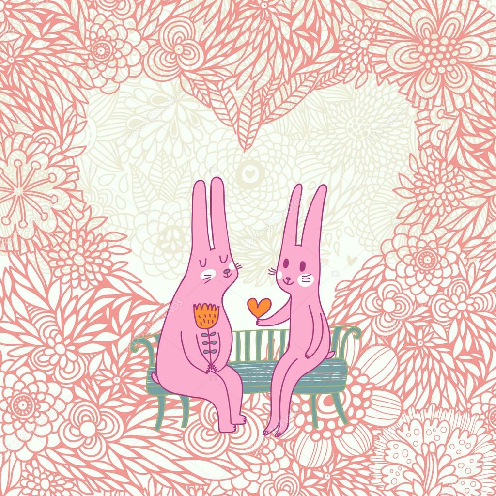 Romantic cartoon background with funny rabbits in love Stock ...